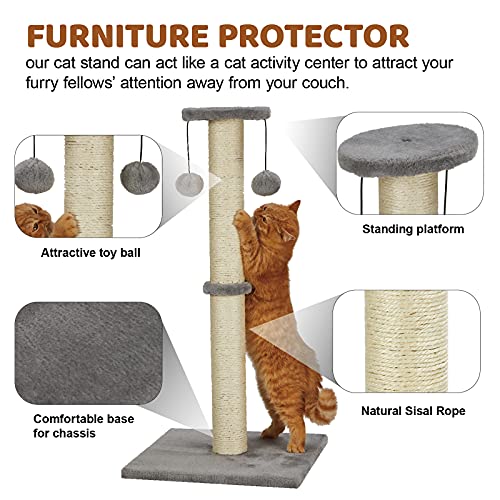 PEEKAB 32“Tall Cat Scratching Post Sisal Rope Scratch Posts with Soft Plush Platform Top and Interactive Ball Toys Vertical Scratcher for Indoor Cats Kitten (Gray)