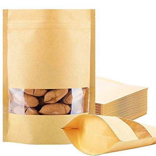 100 Pcs Resealable Stand Up kraft Paper Bags with Window for Packaging Products, Reusable Zip Lock Food Storage Pouch Bags (4.7" x 7.9")