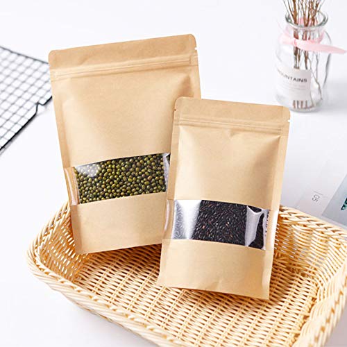 100 Pcs Resealable Stand Up kraft Paper Bags with Window for Packaging Products, Reusable Zip Lock Food Storage Pouch Bags (4.7" x 7.9")