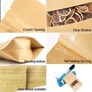 100 Pcs Resealable Stand Up kraft Paper Bags with Window for Packaging Products, Reusable Zip Lock Food Storage Pouch Bags (4.7" x 7.9")