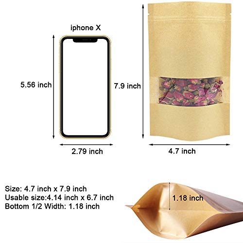 100 Pcs Resealable Stand Up kraft Paper Bags with Window for Packaging Products, Reusable Zip Lock Food Storage Pouch Bags (4.7" x 7.9")