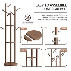 KASLANDI Coat Rack, Rotary Coat Rack Freestanding,FAS Grade Rubber Wood,Coat Rack Stand with 3 Shelves and 9 Hooks, Sturdy and Easy Assembly Wooden Coat Tree (Walnut)