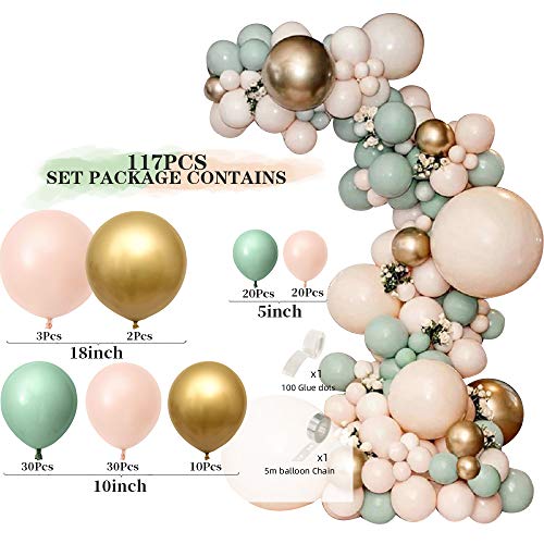 Topico 117 PCS Sage Olive Green Balloons Decor, Improved Design Sage Green Peach Blush Gold Balloon Garland Arch Kit, Jungle Safari Tropical for Baby Shower Wedding Birthday Theme Party Decorations Supplies