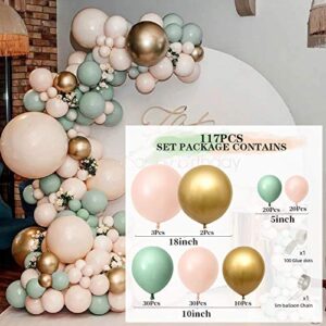 Topico 117 PCS Sage Olive Green Balloons Decor, Improved Design Sage Green Peach Blush Gold Balloon Garland Arch Kit, Jungle Safari Tropical for Baby Shower Wedding Birthday Theme Party Decorations Supplies