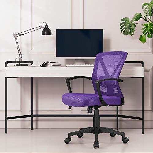 Topeakmart Office Chair Ergonomic Desk Chair Mid-Back Mesh Swivel Computer Chair Lumbar Support Comfortable Executive Adjustable Modern Rolling Task Chair with Armrests for Adults Women, Purple