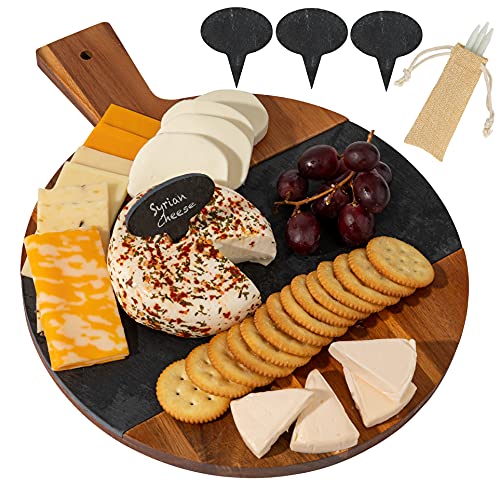 Charmont Large Round Charcuterie Board with Handle Acacia Wood Cheese Board with Slate Serving Platter Slate Cheese Markers Set and Chalk - Food, Cheese and Meat Cutting Board - 11.5 inches