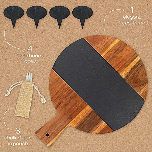 Charmont Large Round Charcuterie Board with Handle Acacia Wood Cheese Board with Slate Serving Platter Slate Cheese Markers Set and Chalk - Food, Cheese and Meat Cutting Board - 11.5 inches