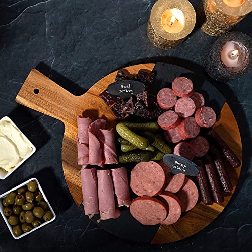 Charmont Large Round Charcuterie Board with Handle Acacia Wood Cheese Board with Slate Serving Platter Slate Cheese Markers Set and Chalk - Food, Cheese and Meat Cutting Board - 11.5 inches