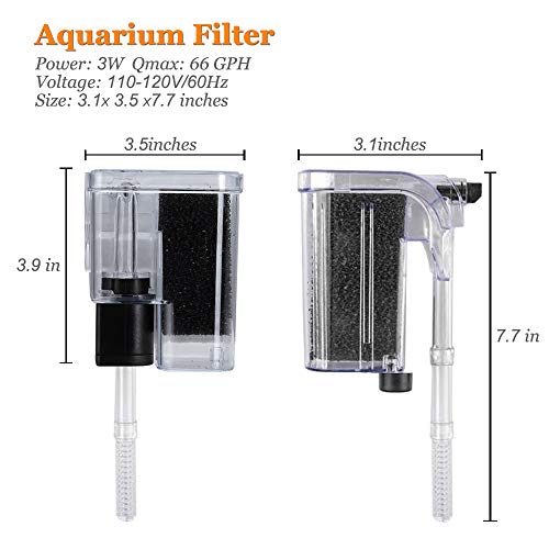 PULACO Ultra Quiet Aquarium Hang on Filter (66GPH 3W), Small Fish Tank Filter for 2 to 8 Gallons Fish Tank