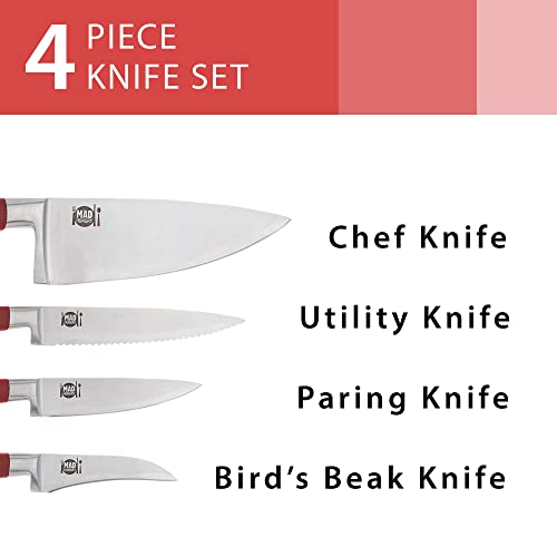 Mad Hungry 4-Piece Forged Specialty Knife Set - 6" Chef, 4.5" Serrated Utility, 3.5" Paring, & 3" Birds Beak Knives Kitchen (Red)