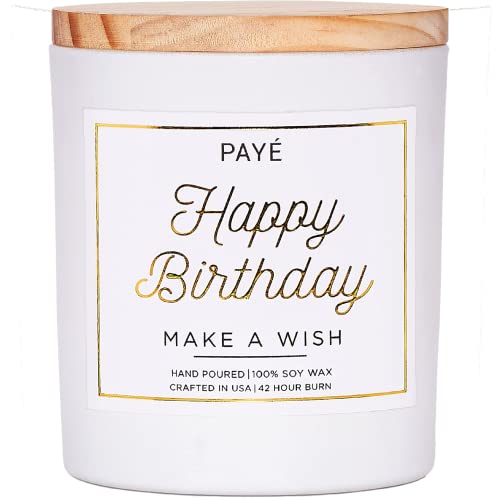 PAYÉ Happy Birthday Candle Gift 100% Hand Poured Soy Wax All Natural Vanilla Birthday Cake Fragrance - Large 10oz White Glass Jar - Wooden Lid - Gift for Women and Men - Handmade - 42 Hour Burn