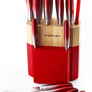 Knife Set With Block, KNIFAST Full Tang 17-Pieces Kitchen Knife Set With Block Wooden German Stainless Steel Cutlery With Knife Sharpener & 6 Steak Knives (Red)