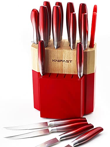 Knife Set With Block, KNIFAST Full Tang 17-Pieces Kitchen Knife Set With Block Wooden German Stainless Steel Cutlery With Knife Sharpener & 6 Steak Knives (Red)