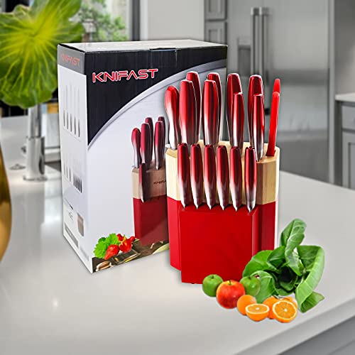 Knife Set With Block, KNIFAST Full Tang 17-Pieces Kitchen Knife Set With Block Wooden German Stainless Steel Cutlery With Knife Sharpener & 6 Steak Knives (Red)