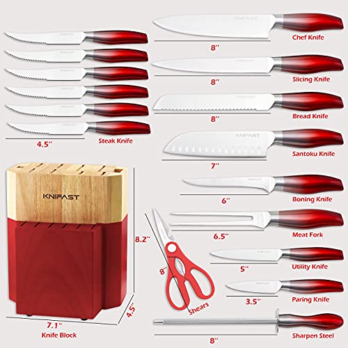 Knife Set With Block, KNIFAST Full Tang 17-Pieces Kitchen Knife Set With Block Wooden German Stainless Steel Cutlery With Knife Sharpener & 6 Steak Knives (Red)