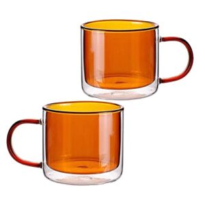 Glass Coffee Mugs - Xhftop 12 Ounces Double Wall Cups with Handle Set of 2 - Wall Insulated Glassware Cup (Inner Brown)