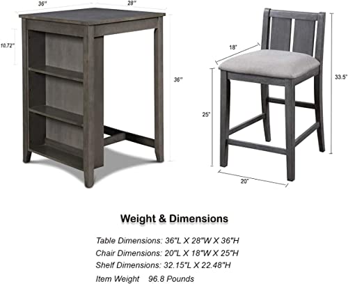 New Classic Furniture Heston Storage Counter Table Set with Two Chairs, 36-Inch, Gray