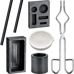 7 pieces graphite torch melting casting kit, including 2 graphite crucible stir stick, graphite casting mould 5-in-1 graphite casting ingot mould, quartz crucible, cylindrical graphite, tong for melt