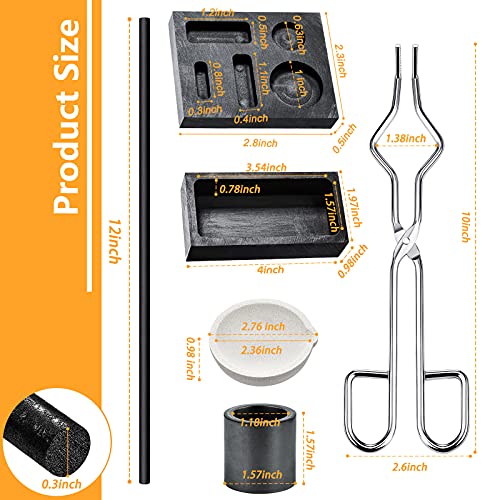 7 Pieces Graphite Torch Melting Casting Kit, Including 2 Graphite Crucible Stir Stick, Graphite Casting Mould 5-in-1 Graphite Casting Ingot Mould, Quartz Crucible, Cylindrical Graphite, Tong for Melt