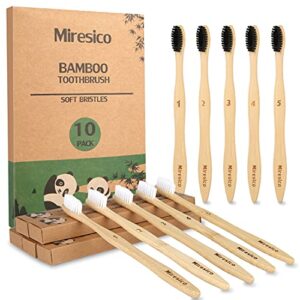 miresico bamboo toothbrushes (10 piece), bpa free toothbrush medium soft bristles bamboo, eco-friendly, natural, green tooth brushes, biodegradable, compostable & organic charcoal wooden tooth brush