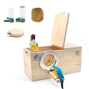 xonyicos wood bird nest for cage, parrot nest breeding box, pet house for parakeet budgie cockatiel lovebirds, nesting box with perches, feeder, waterer, natural coconut fiber (m(5.1x5.1x9.6in))