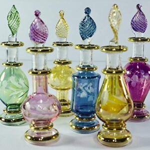 Egyptian Perfume Bottles, Mouth Blown Glass Genie bottles potion Perfume Bottles Wholesale Set of 6 Miniature bottles Size 2" (5 cm) with handmade Gold decorative bottle for essential& perfume oils by Egyptian Hand Blown Glass