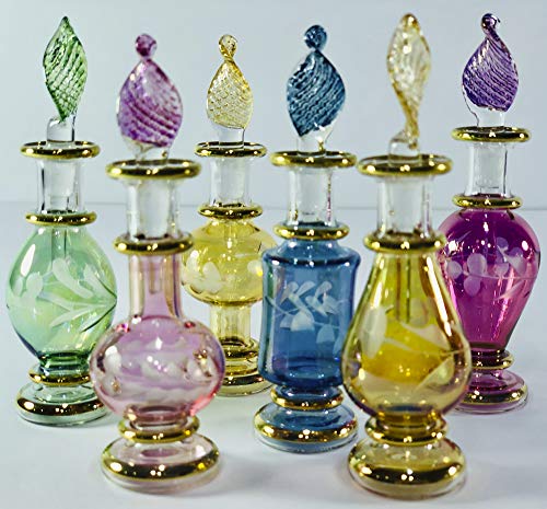 Egyptian Perfume Bottles, Mouth Blown Glass Genie bottles potion Perfume Bottles Wholesale Set of 6 Miniature bottles Size 2" (5 cm) with handmade Gold decorative bottle for essential& perfume oils by Egyptian Hand Blown Glass