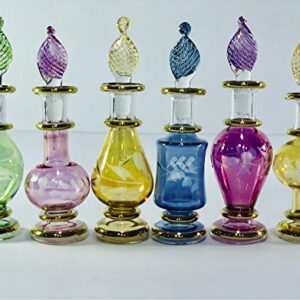 Egyptian Perfume Bottles, Mouth Blown Glass Genie bottles potion Perfume Bottles Wholesale Set of 6 Miniature bottles Size 2" (5 cm) with handmade Gold decorative bottle for essential& perfume oils by Egyptian Hand Blown Glass