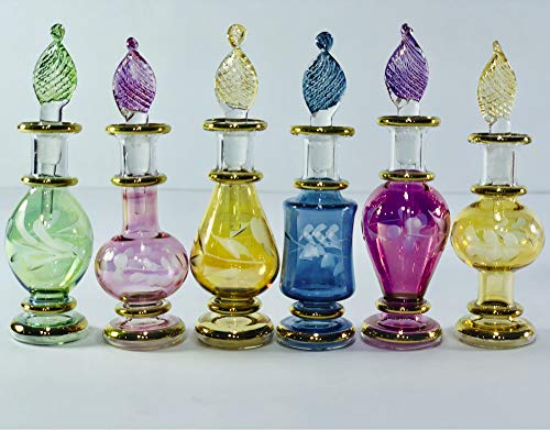 Egyptian Perfume Bottles, Mouth Blown Glass Genie bottles potion Perfume Bottles Wholesale Set of 6 Miniature bottles Size 2" (5 cm) with handmade Gold decorative bottle for essential& perfume oils by Egyptian Hand Blown Glass