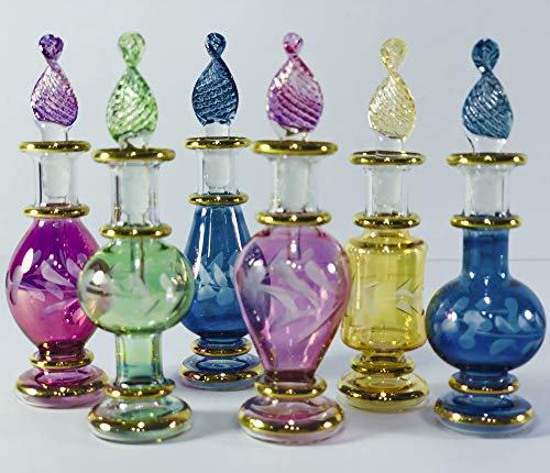 Egyptian Perfume Bottles, Mouth Blown Glass Genie bottles potion Perfume Bottles Wholesale Set of 6 Miniature bottles Size 2" (5 cm) with handmade Gold decorative bottle for essential& perfume oils by Egyptian Hand Blown Glass