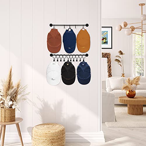 Viklluyr Hat Wall Rack Cap Organizer: Baseball Hat Racks Display Holder with 20 Hooks - Modern Metal Black Hats Storage Wall Mounted Caps Hanger Set of 2 for Closet Door Bedroom Entryway Laundry