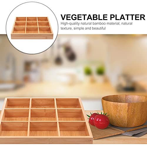 Cabilock Veggie Tray Bamboo Serving Tray Divided Platter Wooden Food Server with Handle Candy Bowl Sushi Plate 9 Compartments for Japanese Taco Dip Parties Chip Bowls for Parties