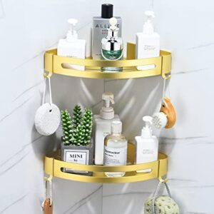 corner shower caddy wall mounted, metal bathroom storage shelves with hooks, rust proof triangle shower shelf no drilling, adhesive installation bathroom basket (2 tiers, bright gold)