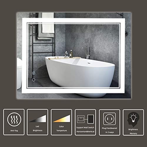 24" x 32" LED Bathroom Mirror Wall-Mounted Vanity Anti-Fog Mirror Dimmable Adjustable Light LED Makeup Mirror Vertical/Horizontal