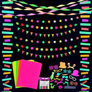 uniideco over 70 pieces glow in the dark party supplies, neon paper decorations, candyland birthday kit, euphoria black light blacklight room decor, garland streamers decoration backdrop accessories