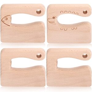 honoson 4 pieces wooden kids knife 2 patterns safe cutting knife wooden cooking chopper kitchen tools for toddlers cutting fruit and vegetable, for 2-8 years old