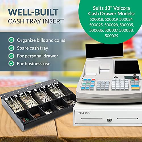 Cash Drawer Tray - 11.7 x 10.3 x 2.3 Inch Cash Register Insert - 4 Bill / 5 Coin Replacement Cash Tray for Volcora 13” Fully-Removable Drawers - Stainless Steel Currency Compartment Money Storage