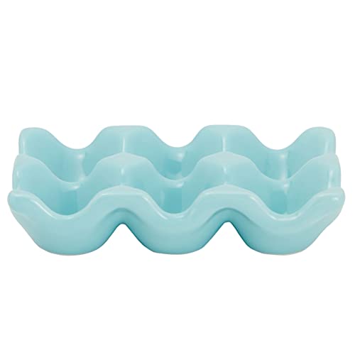 2 Pack Ceramic Half Dozen Egg Tray Holder for Countertop, Refrigerator, Porcelain Egg Carton Holds 6 Chicken Eggs, Hard Boiled Eggs for Easter Egg Painting (Teal)