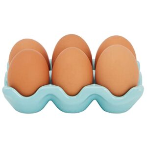 2 Pack Ceramic Half Dozen Egg Tray Holder for Countertop, Refrigerator, Porcelain Egg Carton Holds 6 Chicken Eggs, Hard Boiled Eggs for Easter Egg Painting (Teal)