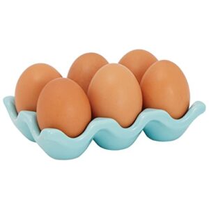 2 Pack Ceramic Half Dozen Egg Tray Holder for Countertop, Refrigerator, Porcelain Egg Carton Holds 6 Chicken Eggs, Hard Boiled Eggs for Easter Egg Painting (Teal)