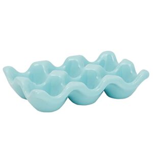 2 Pack Ceramic Half Dozen Egg Tray Holder for Countertop, Refrigerator, Porcelain Egg Carton Holds 6 Chicken Eggs, Hard Boiled Eggs for Easter Egg Painting (Teal)