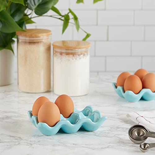 2 Pack Ceramic Half Dozen Egg Tray Holder for Countertop, Refrigerator, Porcelain Egg Carton Holds 6 Chicken Eggs, Hard Boiled Eggs for Easter Egg Painting (Teal)