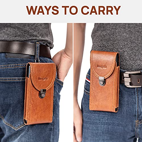 Hengwin Genuine Leather Vertical Cell Phone Holster Samsung Galaxy A72 A52 A12 A32 S21+ S22 Ultra Note 20 Ultra Moto One 5G LG Stylo 6 OnePlus Nord N10 Belt Case Pouch with Belt Clip Loop Holder Brown