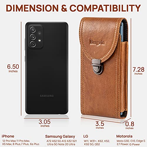 Hengwin Genuine Leather Vertical Cell Phone Holster Samsung Galaxy A72 A52 A12 A32 S21+ S22 Ultra Note 20 Ultra Moto One 5G LG Stylo 6 OnePlus Nord N10 Belt Case Pouch with Belt Clip Loop Holder Brown