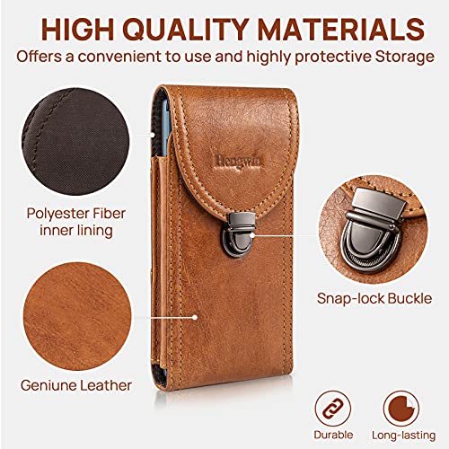 Hengwin Genuine Leather Vertical Cell Phone Holster Samsung Galaxy A72 A52 A12 A32 S21+ S22 Ultra Note 20 Ultra Moto One 5G LG Stylo 6 OnePlus Nord N10 Belt Case Pouch with Belt Clip Loop Holder Brown