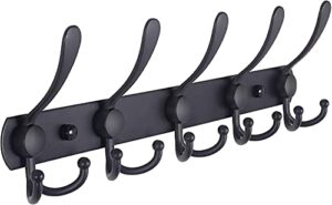 wall mounted coat rack - 5 tri hooks, heavy duty, stainless steel, metal coat hook rail for coat hat towel purse robes mudroom bathroom entryway （black）