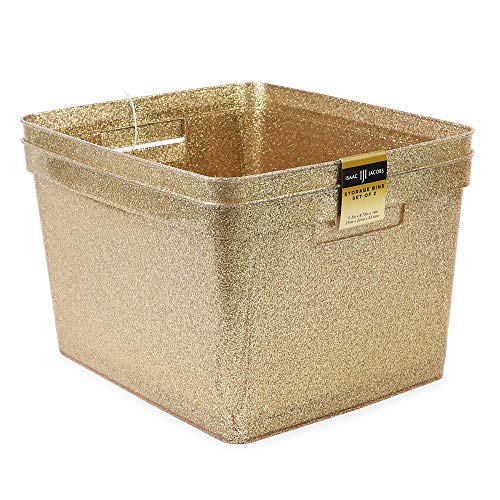 Isaac Jacobs Large Glitter Storage Bin (14” x 11.5” x 8.75”) Set w/Cut-Out Handles, Plastic Organizer, Multi-Functional, Home Storage Solution, Kids Playroom, Bedroom, Closet (2, Gold)