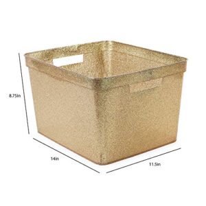 Isaac Jacobs Large Glitter Storage Bin (14” x 11.5” x 8.75”) Set w/Cut-Out Handles, Plastic Organizer, Multi-Functional, Home Storage Solution, Kids Playroom, Bedroom, Closet (2, Gold)