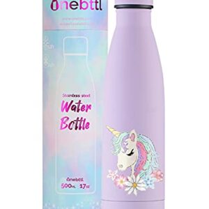 Onebttl Unicorn Gifts, Unicorn Party Supplies, Stainless Steel Water Bottle, Kids Water bottle 17oz/500ml Double Wall Vacuum Insulated Thermo Bottle PURPLE FLOWER