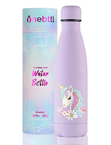 Onebttl Unicorn Gifts, Unicorn Party Supplies, Stainless Steel Water Bottle, Kids Water bottle 17oz/500ml Double Wall Vacuum Insulated Thermo Bottle PURPLE FLOWER